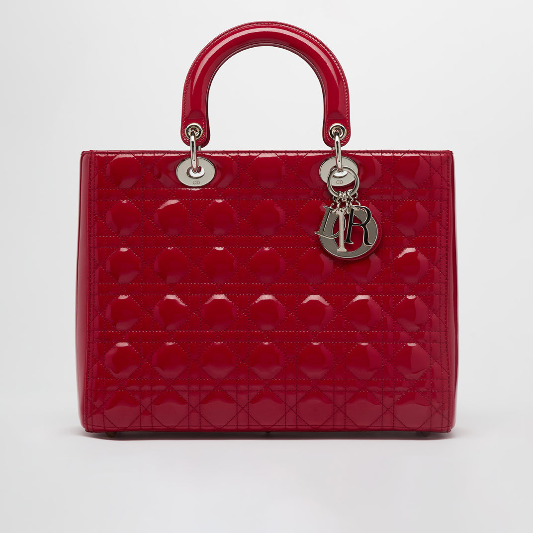 CHRISTIAN DIOR Large Lady Dior in Red Quilted Patent Leather | COCOON