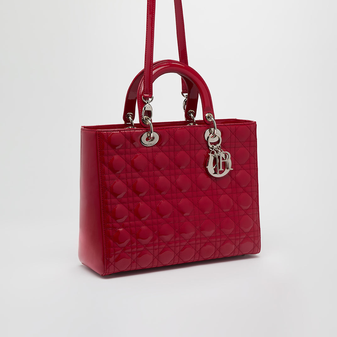 CHRISTIAN DIOR Large Lady Dior in Red Quilted Patent Leather | COCOON