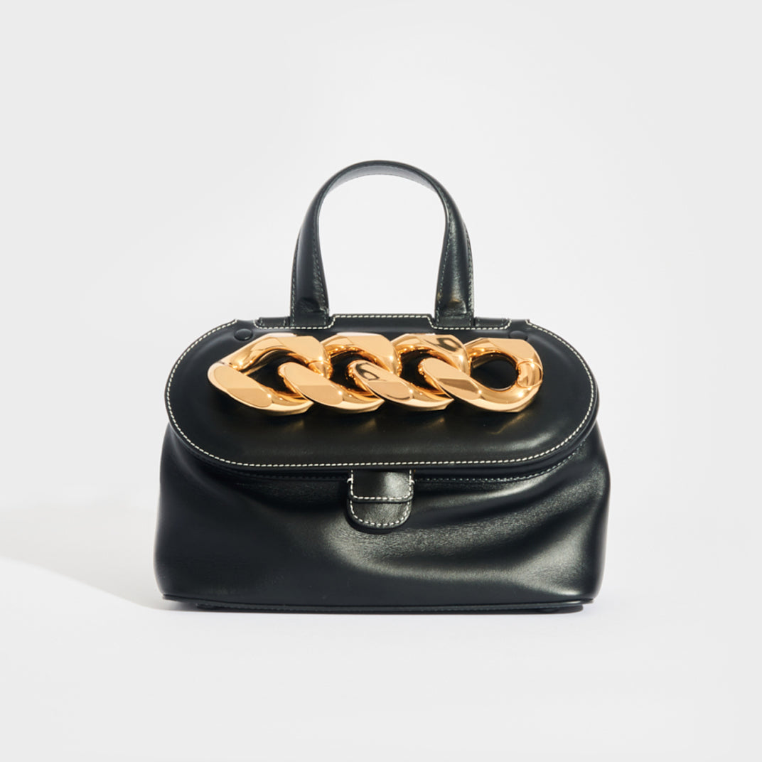 JW ANDERSON Small Chain Lid Leather Shoulder Bag in Black | COCOON